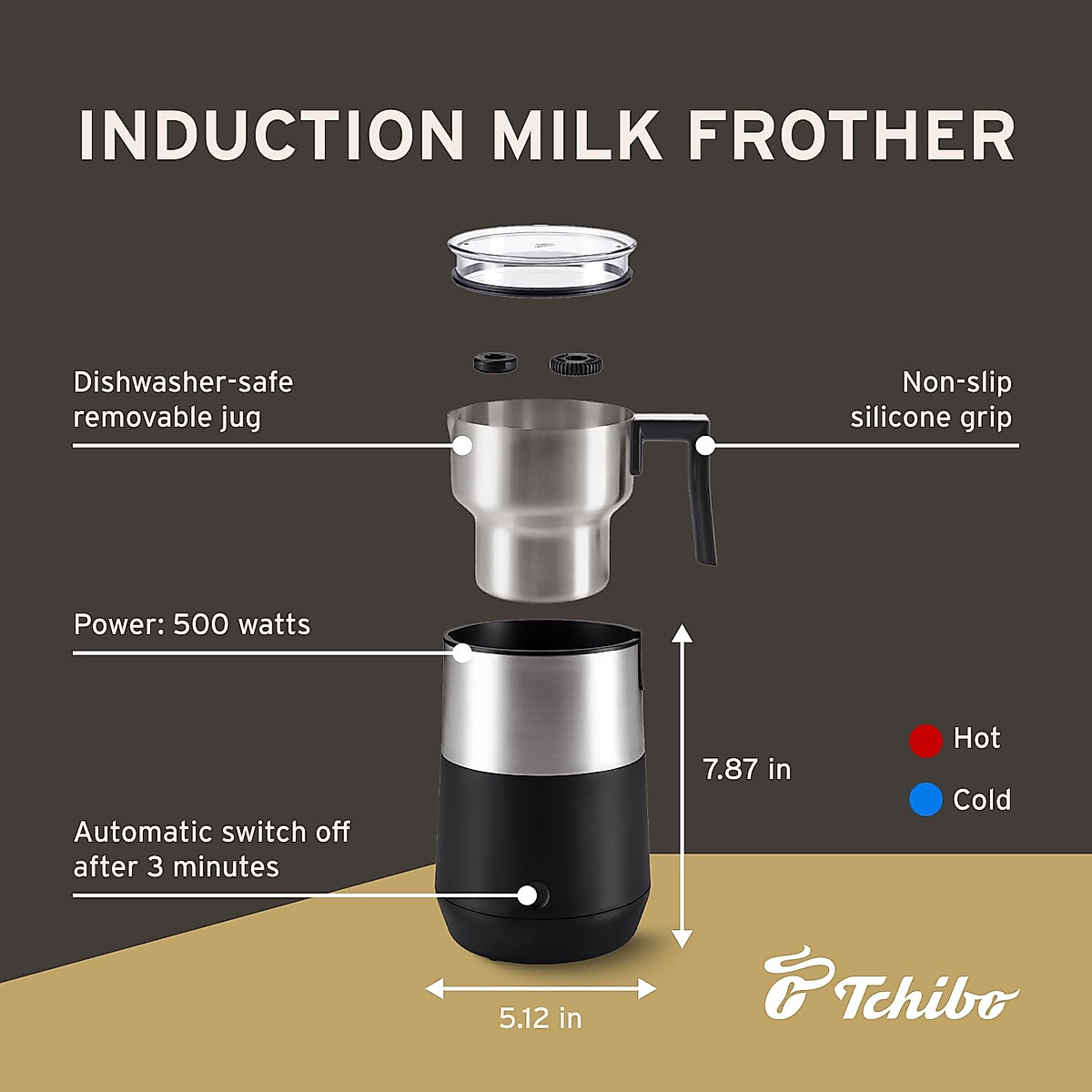 Tchibo Induction Milk Frother, 16.9 oz Capacity - Electric Coffee Frother for Hot and Cold Milk Froth - with Touch Button and Automatic Switch-off Function, Dishwasher-safe