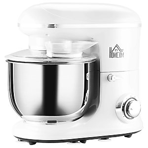 HOMCOM Stand Mixer with 6+1P Speed, 600W Tilt Head Kitchen Electric Mixer with 6 Qt Stainless Steel Mixing Bowl, Beater, Dough Hook, White