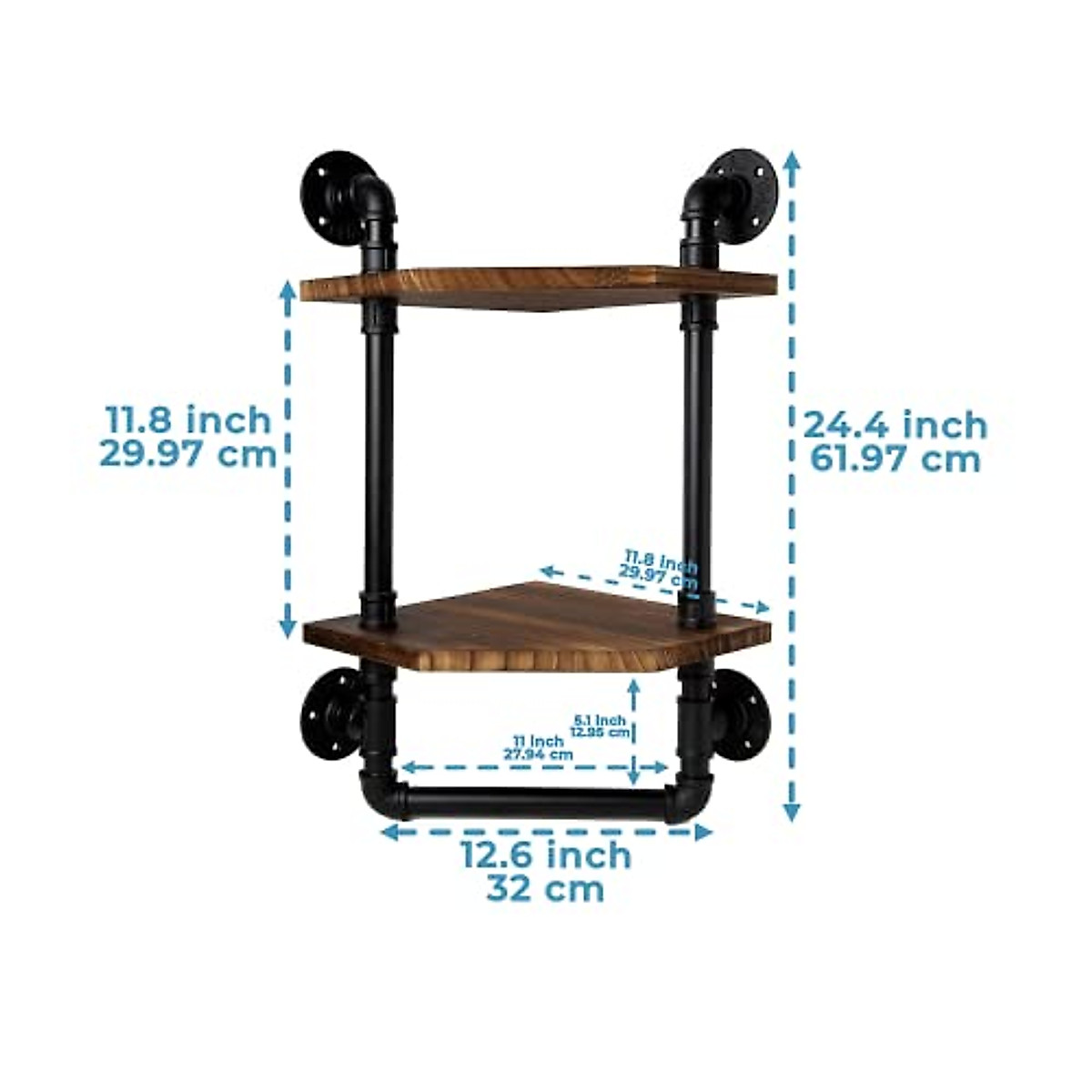 Bathroom Corner Shelf w/ Pipe Towel Bar – Farmhouse Towel Rack Made of Paulownia Wood and Cast Iron, Pipe Rack in Black Matte – Hand Towel Holder for Rustic Décor w/ 2-Tier Shelf - Rustic Brown