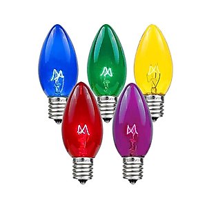 Novelty Lights Incandescent Replacement Bulbs - Outdoor Individual Bulbs For Events, Holiday Parties, Patios, And More - C7/E12 Candelabra Base, 5 Watt Lights (Multicolor, 25 Pack)