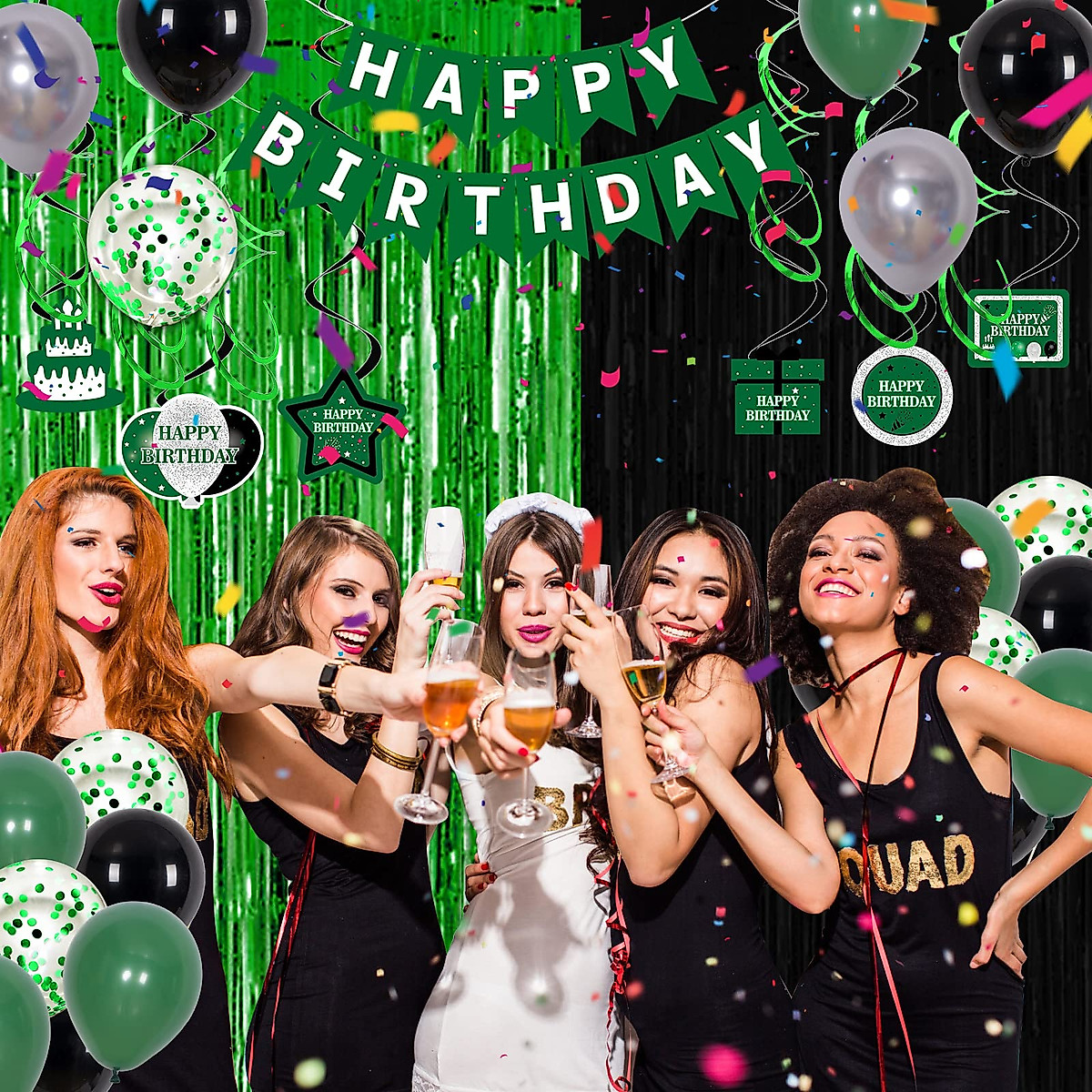 Green and Black Party Decorations, Green Birthday Decorations for Men Women Boys Girls with Green Happy Birthday Banner Tablecloth Fringe Curtains Streamers Confetti Balloons, Green Party Supplies