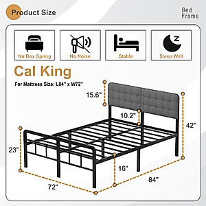 EMODA 16 Inch California King Bed Frames with Upholstered Headboard and Metal Footboard, Heavy Duty Metal Slats Support Mattress Foundation, No Box Spring Needed, Easy Assembly