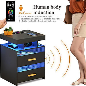 FREDESS Dresser and Night Stand Sets for Bedroom, Modern Bedside Table and Dressers with LED Light & Charging Station, Nightstands Set of 2 & 6 Drawer Dresser Combo 3 Pieces (Black)