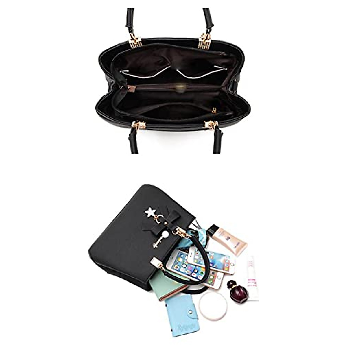 SMALL BLUE Women Soft Synthetic PU Leather Tote Hobo Shoulder Crossbody Bag with Bow Ornaments Clutches Satchels-Brown