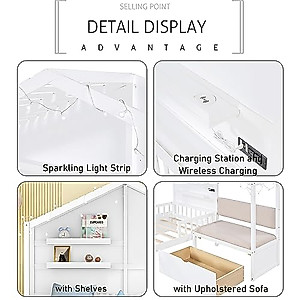 CITYLIGHT Twin Size House Bed for Kids, Montessori House Bed with Upholstered Sofa, Charging Station, Shelves and Sparkling Light Strip on The Roof,Wood Twin Bed Frames with 2 Storage Drawers,White