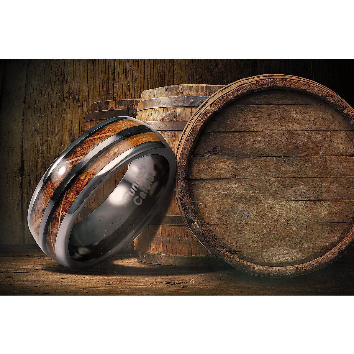 100S JEWELRY Gunmetal Gray Tungsten Rings For Men whiskey barrel Wood grain Inlay wooden Wedding Promise Engagement Band Size 6-16 (Gunmetal Gray, 10.5)