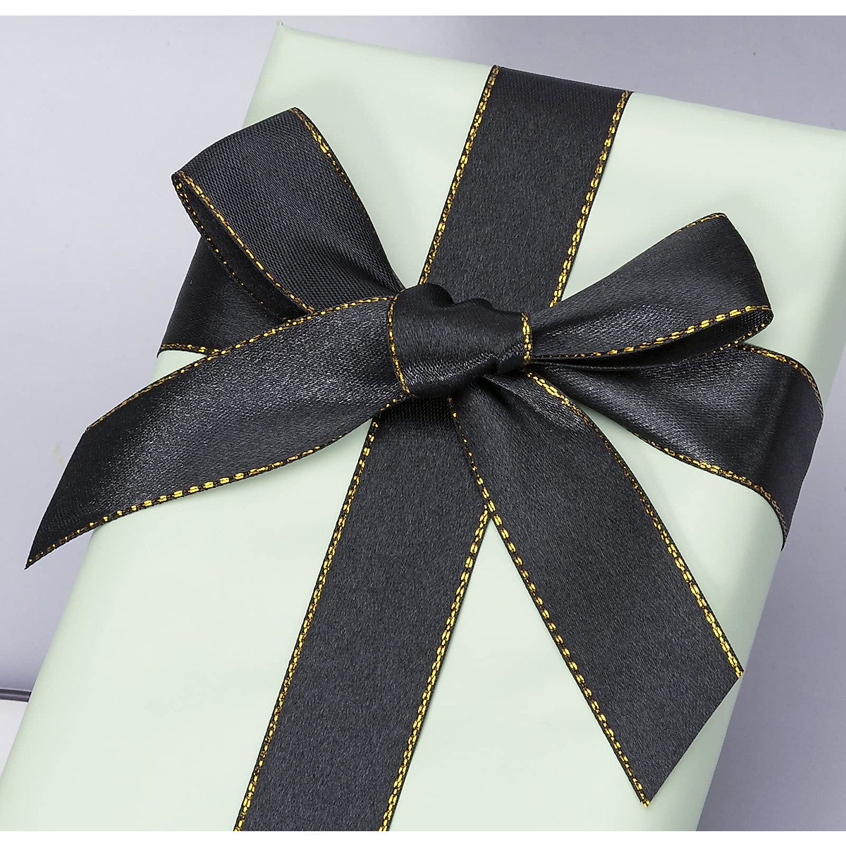 YASEO 25 Yards 1 Inch Black Satin Ribbon with Gold Edges, Gold Border Fabric Ribbons for Gift Wrapping and Crafts