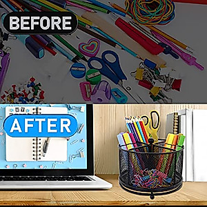 Flytreal Mesh Rotating Desk Organizer, Black Pen Pencil Holder Metal Desktop Stationery Storage Caddy, 4 Compartments Large Capacity Organizer for Home Office School Art Supplies