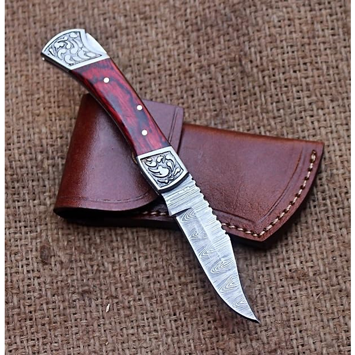 Nesmo-511 Damascus Steel Pocket Knife for Men - Handmade Folding Hunting Knives with Leather Pouch - Best Knife for Camping Hunting Hiking (Red Pakka Wood Handle)