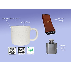 Lemur Ceramic Coffee Mug with Stainless Steel Flask - 12 oz White Speckled Mug, 1 oz Hip Flask Attached with Leather Strap