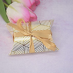 Aokbean Pack of 100 European Kraft Paper Pillow Gift Boxes Wedding Favor Party Supply Favor Gift Candy Box with 50 Yards Ribbon (Gold Stripes)