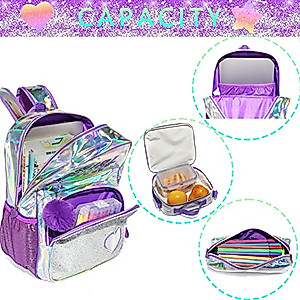 HTgroce Purple Backpacks for Girls with Lunch Box Kindergarten Backpack Glitter for Girls School Backpack Set Girls Book Bag Purple