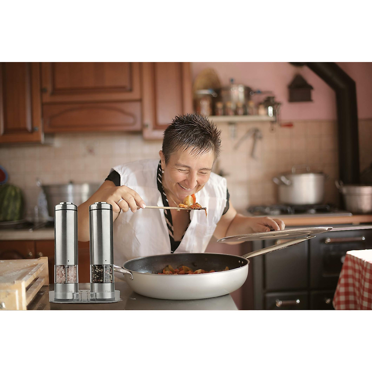 Electric Salt and Pepper Grinder Set by Intense Kitchen - Battery Operated Stainless Steel with Light & Clear Container Mills (2)- Adjustable Ceramic Coarseness - Fast Powerful Mill - One Hand Shakers