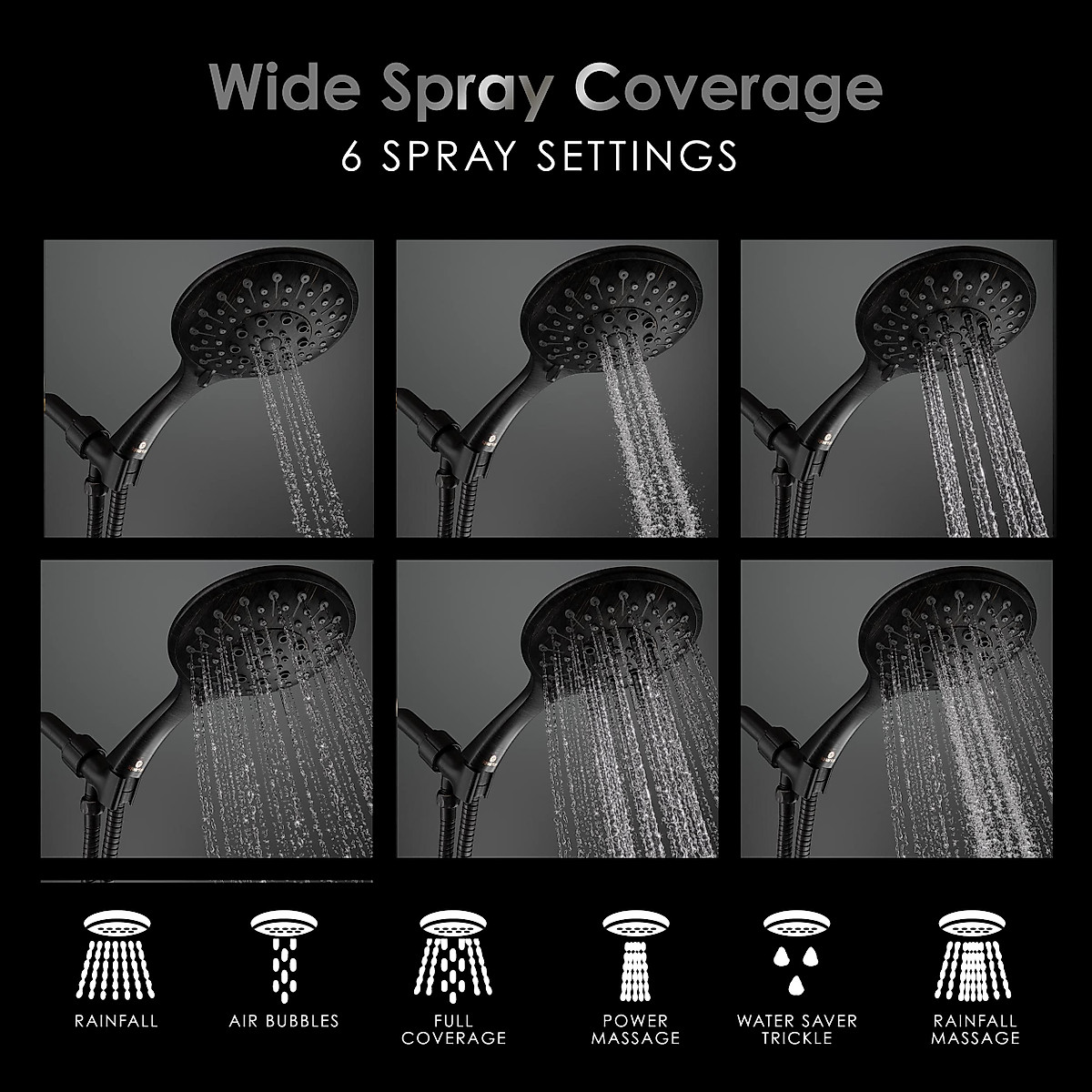 Wellness & Co Aquarius Oil Rubbed Bronze Shower Head with Handheld Spray and Extra Long Hose, Modern Style, 6 Settings, 4.9" Width, 56 Nozzles, 2.5 GPM