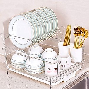 Plate Rack Draining Dish Rack Dish Drying Rack 2 Tier Dish Rack With Drainboard, Dish Drainer With Utensil Holder And Cup Holder Pan Plate Holder
