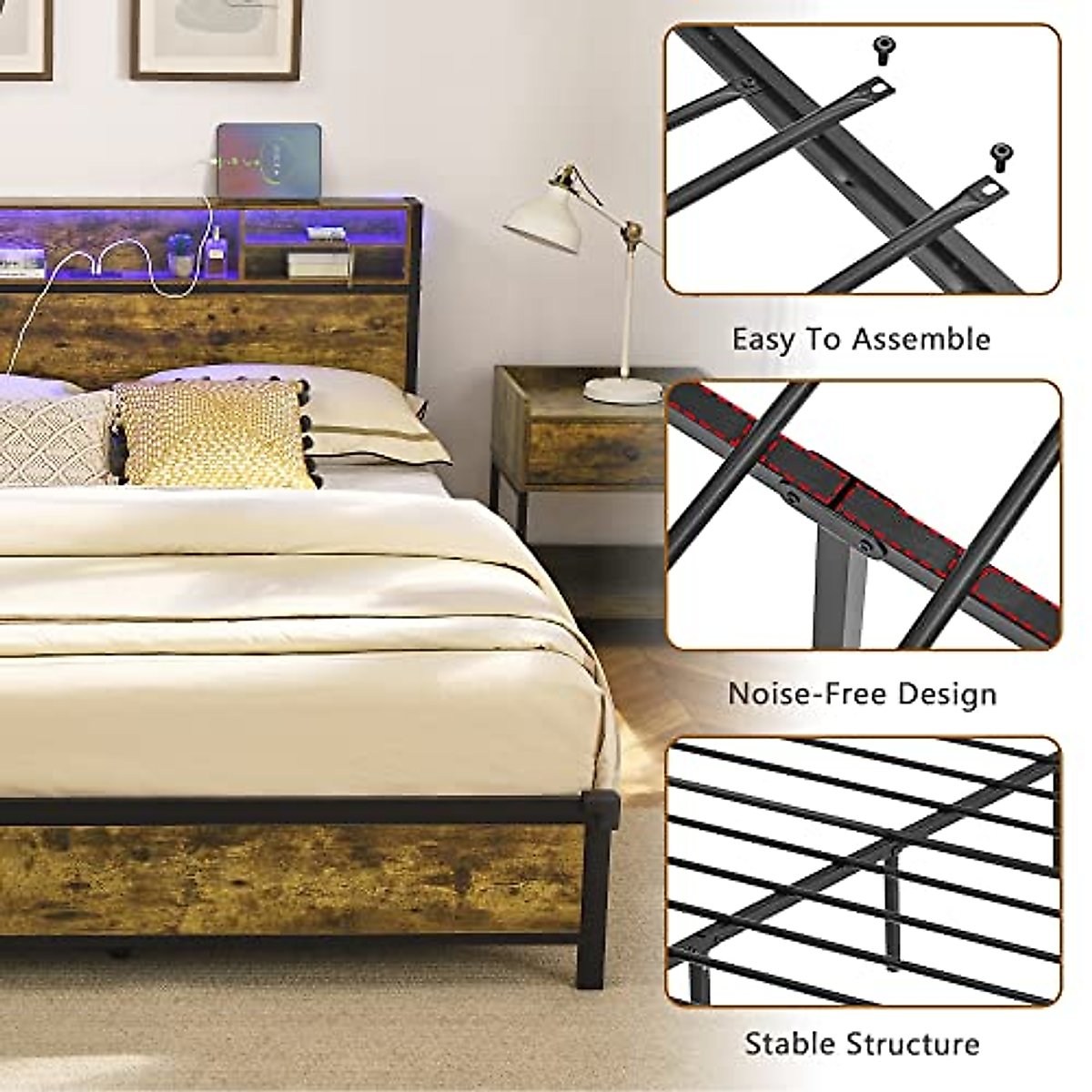 Alohappy Full Size Bed Frame with Led Bookcase Headboard and Charging Station，Metal Platform Bed Frame with RGB Light Strips, Sturdy and No Noise Easy Installation No Box Spring Needed
