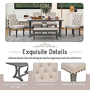 Morhome 6-Piece Dining Set with Bench, Kitchen Funiture with 4 Upholstered Chairs for Home Restaurant