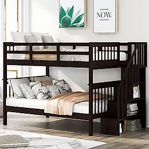 Harper & Bright Designs Full Over Full Bunk Bed with Stairs, Solid Wood Bunk Bed with Storage and Guardrail for Kids Teens Adults (Espresso)
