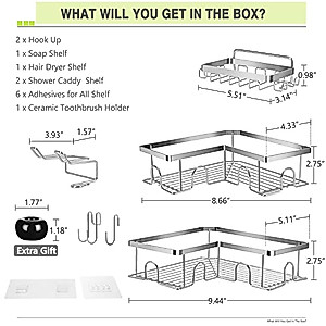 JOFUNBEAU Corner Shower Shelf for Inside Shower,3-Pack Adhesive Shower Organizer with Soap Holder&2 Hooks&Hairdryer Shelf,Rustproof Shower Caddy Shelves Rack for Bathroom Kitchen Storage(Chrome)