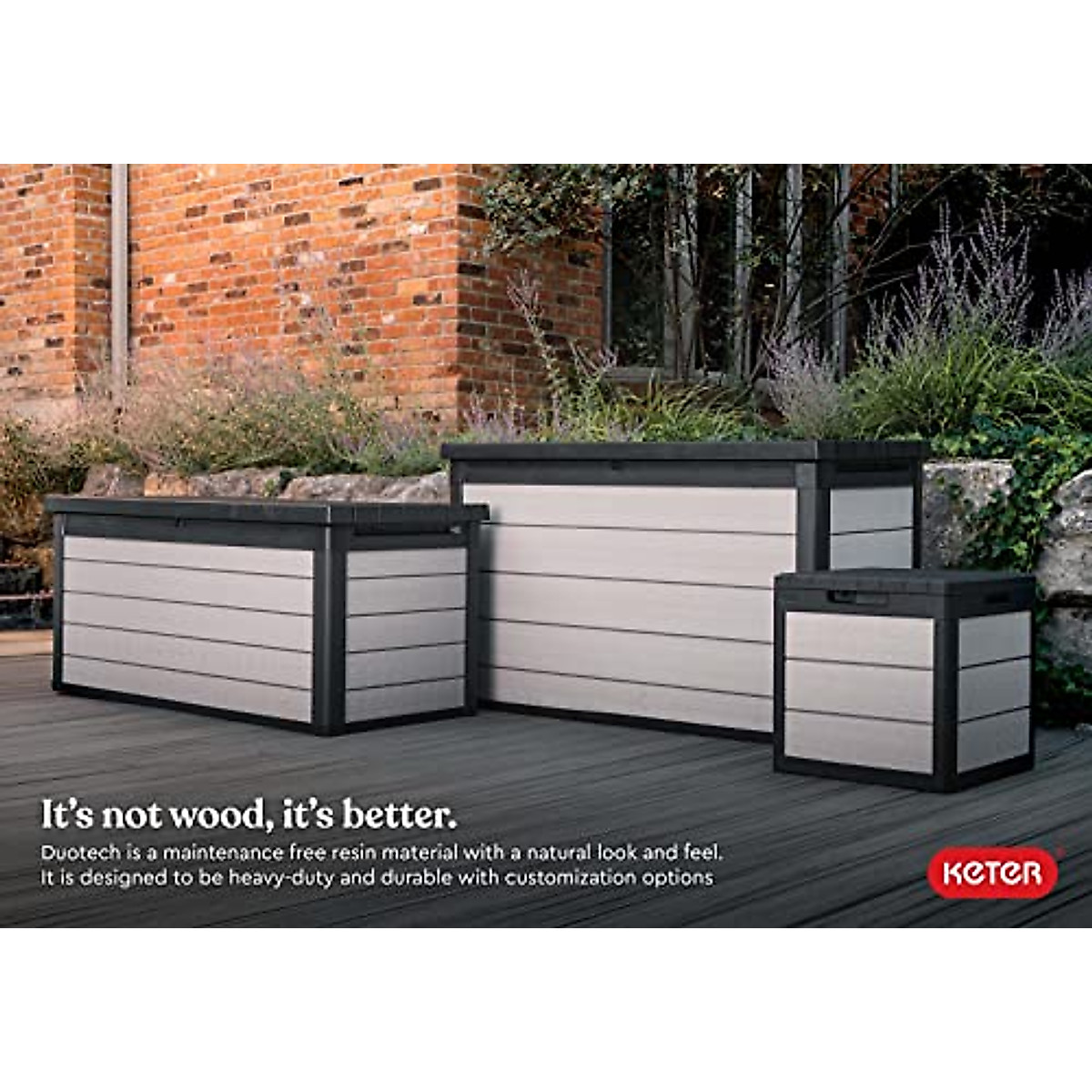 Keter Denali 200 Gallon Resin Large Deck Box-Organization and Storage for Patio Furniture, Outdoor Cushions, Garden Tools and Pool Toys, Grey & Black