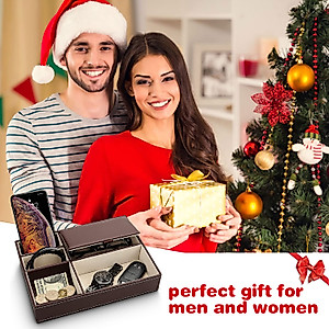 Baoyun Mens Valet Tray Organizer - Leather Nightstand Dresser Top Box with 5 Compartment for Accessories, Wallet, Phone, Keys (Brown)