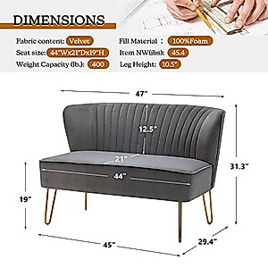 HULALA HOME 45-inch Small Velvet Upholstered Loveseat Sofa, Modern Loveseat Club Couch with Golden Metal Legs, Living Room Tufted Velvet 2 Seater Sofa for Apartment Small Spaces (Grey)