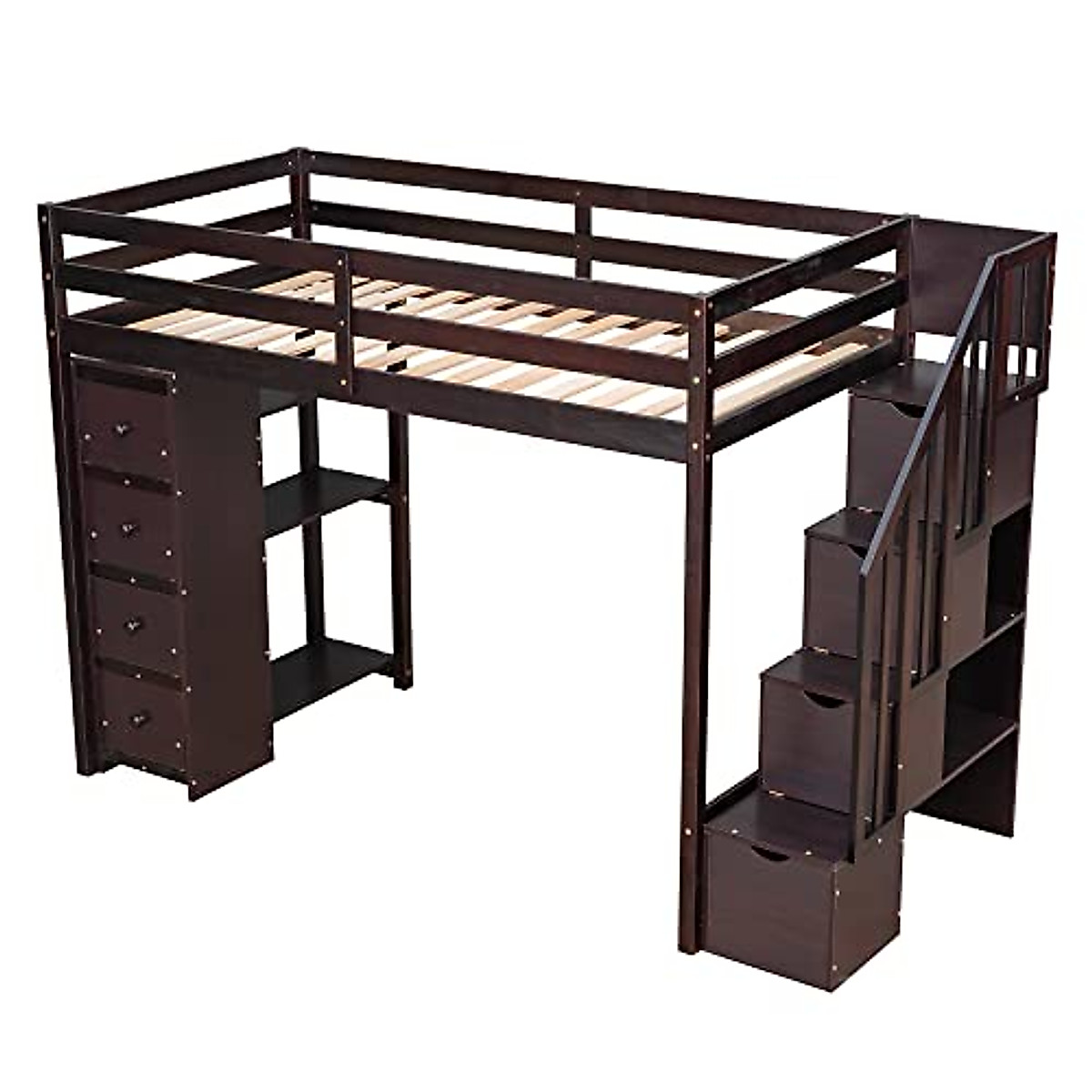 Merax Twin Size Loft Bed, Loft Bed Frame with Storage Drawers and Stairs, Wooden Loft Bed with Shelves, Espresso