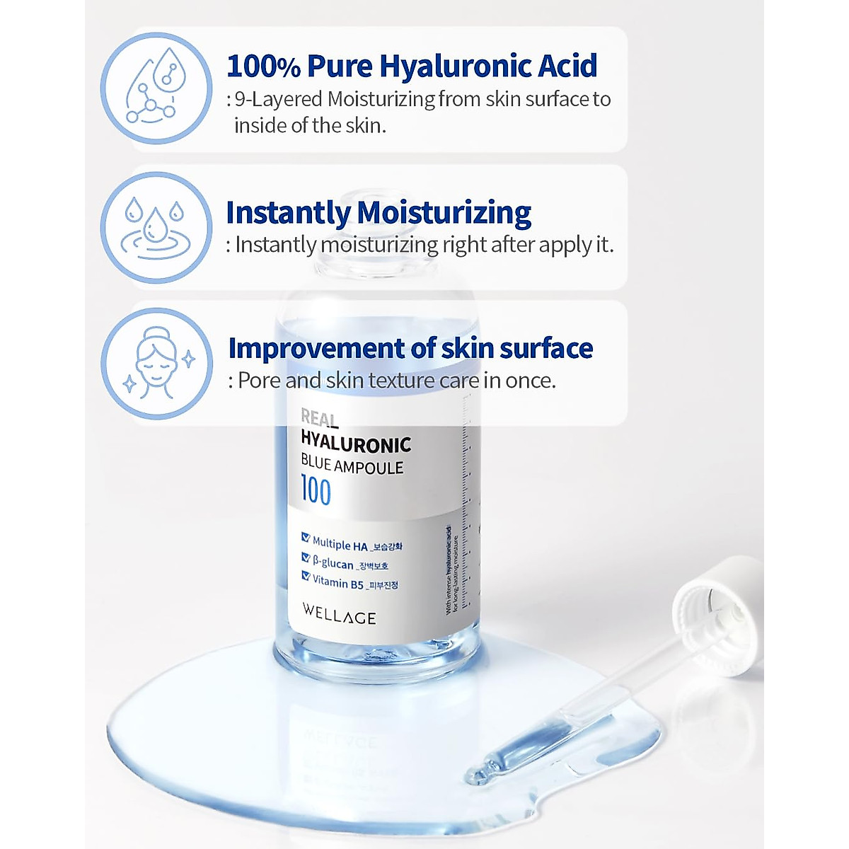 WELLAGE Real Hyaluronic Blue Ampoule 100, Fragrance Free Hyaluronic Acid Ampoule, Hydrating Non Sticky Serum for Sensitive Dry Skin, 2.54 fl.oz