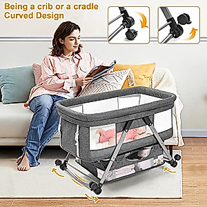 Palopalo Portable Bassinet Baby Bassinet Bedside Sleeper 3 in 1 Bedside Crib with Wheels Co Sleeper for Newborn,Adjustable Height, Comfortable Mattress and A Large Storage Basket Included, Grey