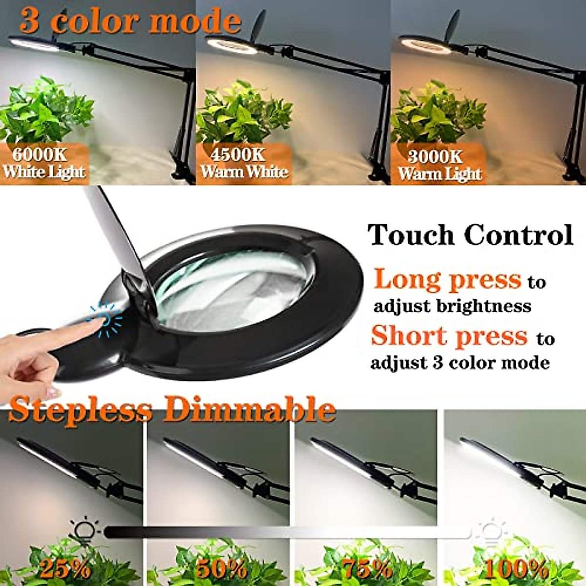 (New Upgrade) 10X Magnifying Floor Lamp with Clamp and 4 Wheel Rolling Base, HITTI 2200 LM LED 3 Color Dimmable Magnifying Glass with Light, Adjustable Arm Lighted Magnifier for Craft, Esthetican