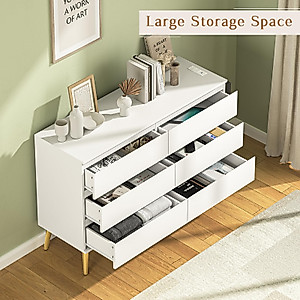 TJYGO White Dresser with Charging Station, Modern Chest 6 Drawers, Clothing Organizer with Wide Storage Space, Storage Cabinet for Living Room, Bedroom, Closet, Hallway