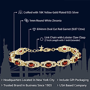 Gem Stone King 18K Yellow Gold Plated Silver Red Garnet Tennis Bracelet For Women (9.87 Cttw, Gemstone Birthstone, Oval 6X4MM, 7 Inch With 1 Inch Extender)
