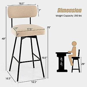 COSTWAY Bar Stools Set of 2, 29” Upholstered Bar Height Chairs with Back, 360° Swivel Bar Chairs with Heavy-Duty Metal Legs and Footrests, Fabric Seat for Kitchen Island, Dining Room, Bar (2, Beige)