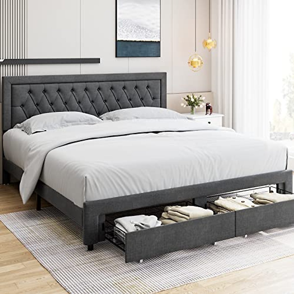King Bed Frame with 2 Storage Drawers, Fabric Upholstered Platform Bed Frame with Deep-set Pattern Button Tufted Headboard, Sturdy Wood Slats Support Mattress Foundation, No Box Spring Needed, Grey
