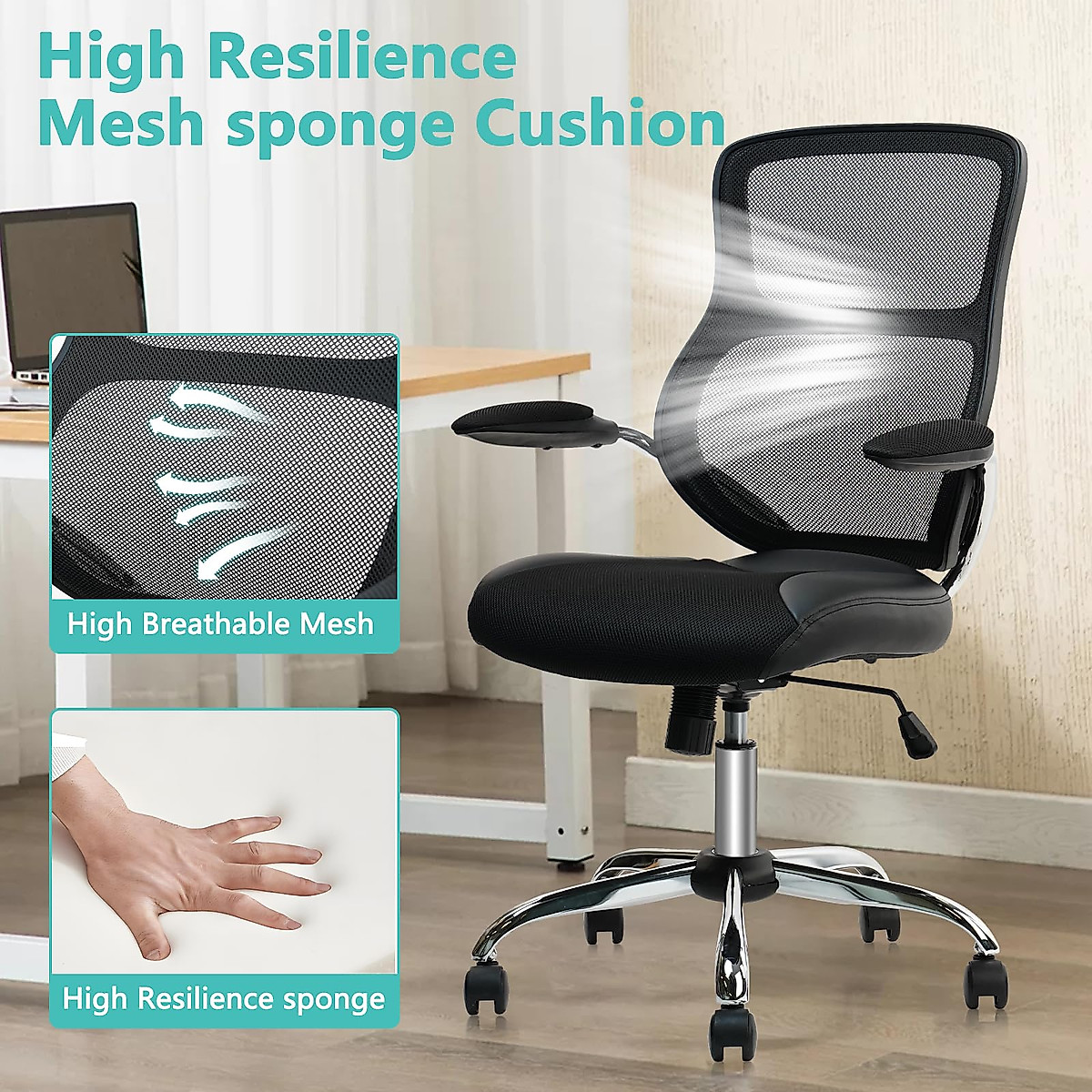 CLATINA Office Mesh Chair Ergonomic Rolling Computer Desk Chair with Flip-up Padded Armrest and Adjustable Height for Home or Office Conference Room (Black)