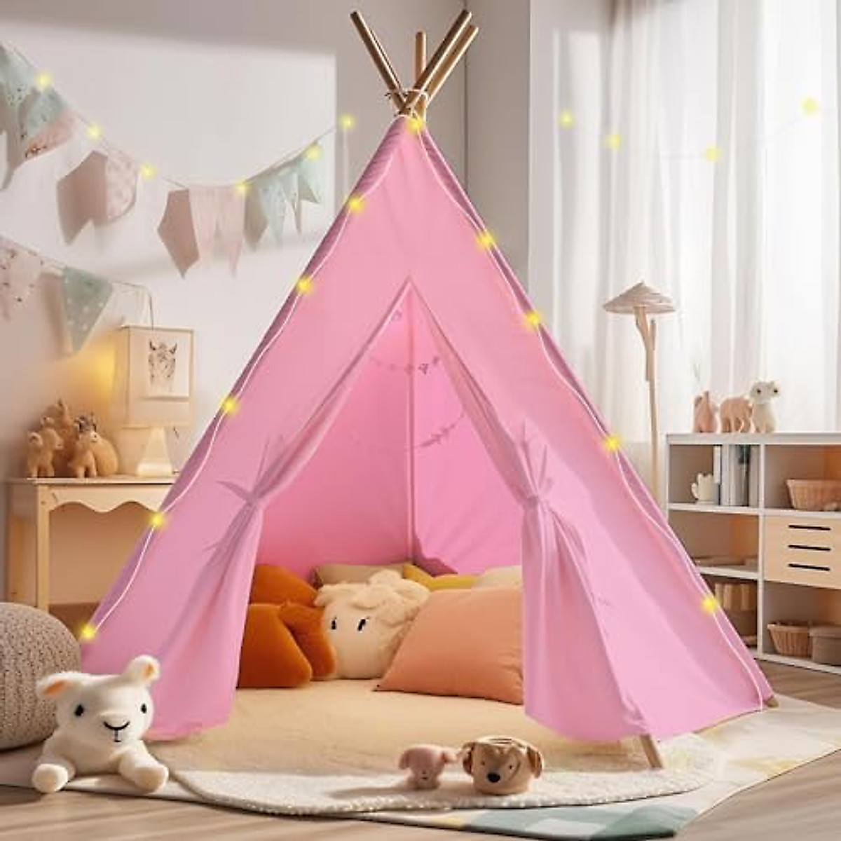 Adorable Pink Kids Teepee Tent with Star Lights, Easy to Assemble 100% Cotton Tipi Play tp Tent for Girls, Spacious Indoor Playhouse for Toddlers, Perfect for Bedroom or Playroom, Durable, Soft Fabric