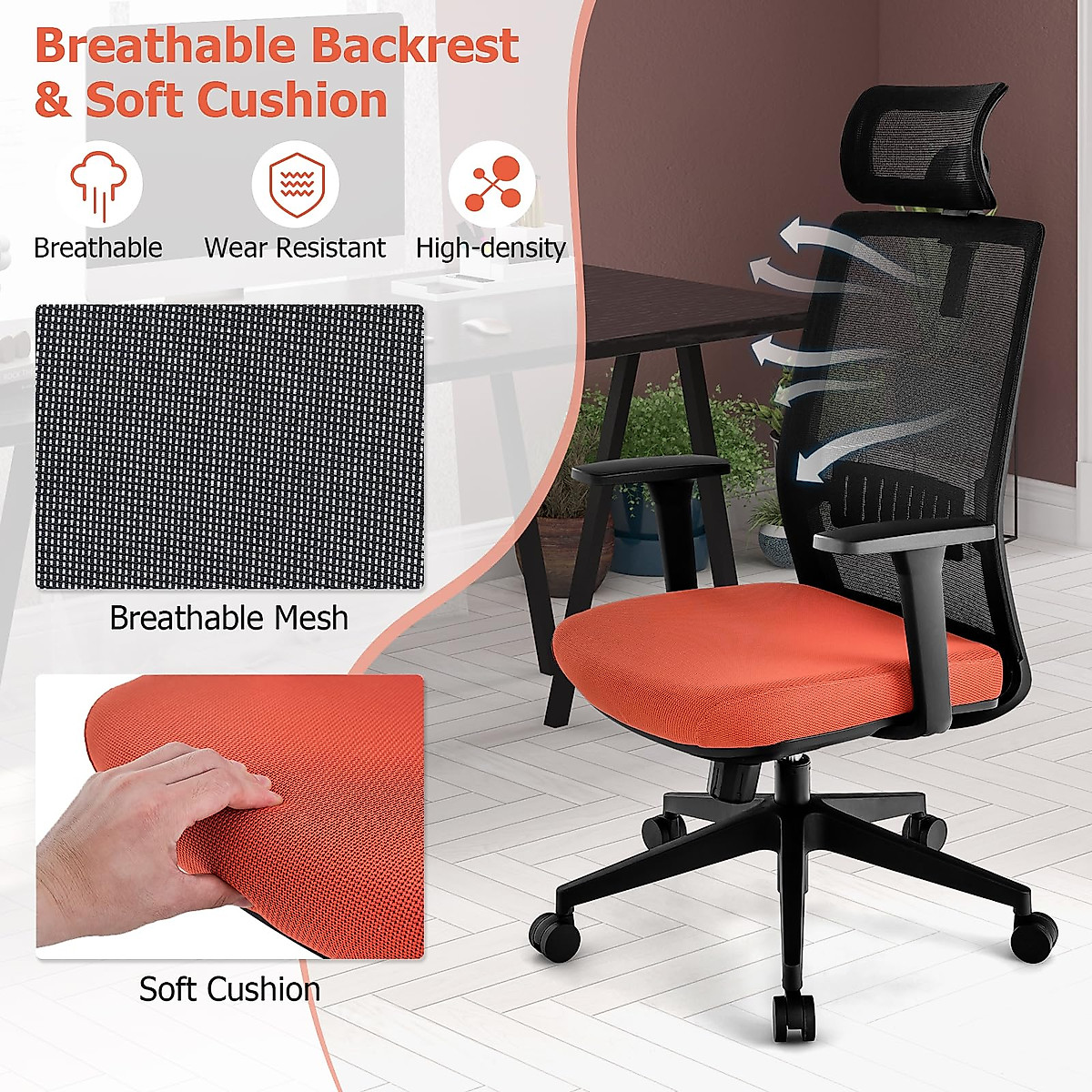 Giantex Big and Tall Office Chair 400lbs, Heavy Duty Ergonomic Mesh Chair with Adjustable Lumbar and 3D Headrest, Wide Orange Seat, High Back Computer Executive Desk Chair for Office, Conference Room