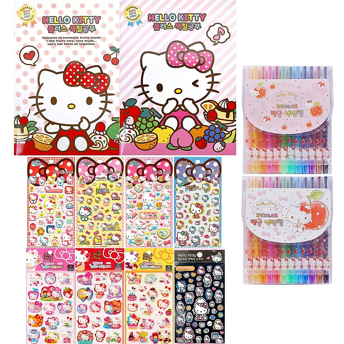 Hello Kitty 1 Coloring Book + 1 12-Color Crayon Set + 1 Sticker Sheet Arts & Craft Set : Random