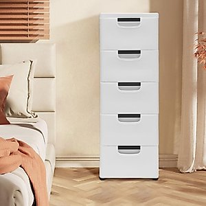 Ringmaster Vertical Stackable Drawers Dresser,5 Tier Clothes Storage Tower with 4 Wheels and 5 Drawers,Storage Organizer Rack Movable Storage Cabinet Closet for Clothes,Towels,Toys (White)