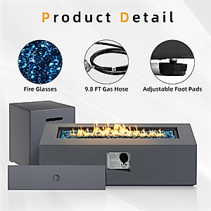 UPHA 42-Inch Outdoor Gas Fire Pit Table 50000 BTU Iron Rectangular Fire Pit for Outdoor Patio with Tank Cover Table, Metal Lid, Fire Glass, Rain Cover, Dark Grey