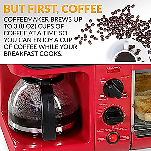 Nostalgia Retro 3-in-1 Family Size Electric Breakfast Station, Non Stick Die Cast Grill/Griddle, 4 Slice Toaster Oven, Coffee Maker, Red