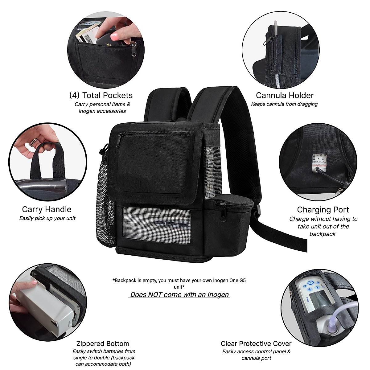 O2TOTES USA Lightweight Carrier for Inogen One G5 Oxygen Concentrator, Portable Oxygen Backpack with Adjustable Straps & Zippered Pockets (Black) Patented Design, New heavy duty zippered bottom