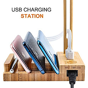 World Backyard Bamboo Charging Station with Dual Hanger for Desktop Gaming Headset or Apple Watch. 3 Pcs Different Version Charging Cable Included.