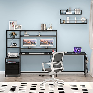 YOMILUVE L Shaped Desk with Drawers & Storage Shelves, Reversible Gaming Desk with Power Outlets, Corner Computer Desk with LED Lights & Hutch, Study Writing Workstation for Home Office (Black)