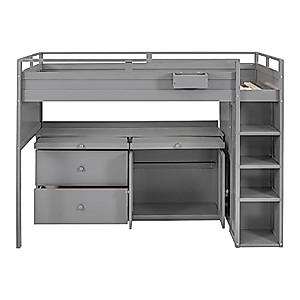 BIADNBZ Wooden Twin Size Loft Bed with Storage Drawers,Rolling Cabinet and Desk,Basket for Bedroom/Teens,Gray