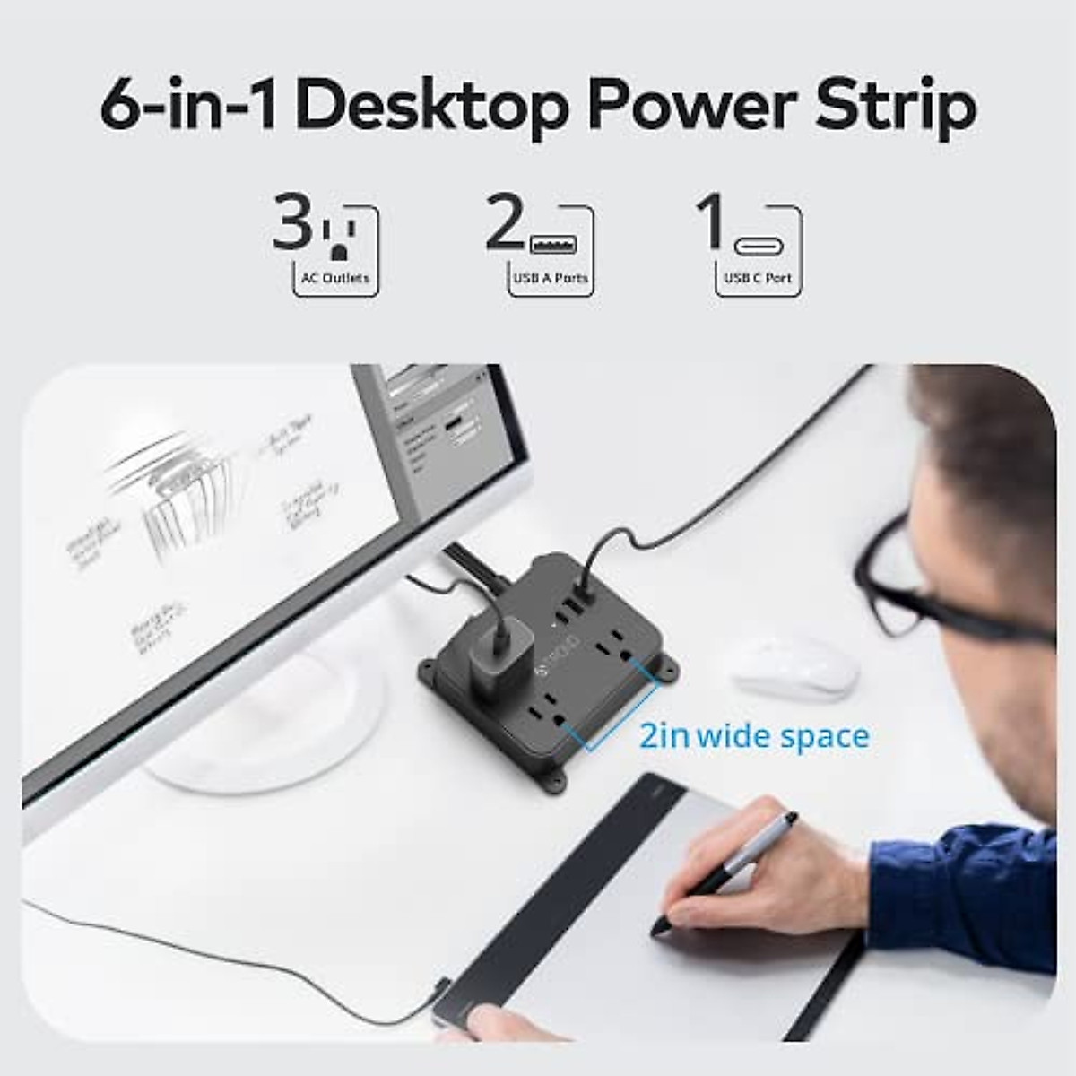 Flat Plug Power Strip - TROND 5FT Ultra Thin Extension Cord with 3 USB Charger, 3 AC Outlets Desktop Charging Station, Wall Mount, Compact for Home, Work Bench, Dorm Room Essentials, Cruise Ship