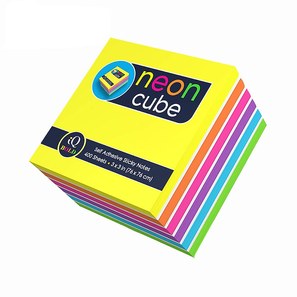 iScholar IQ Neon Sticky Notes Cube, 3 x 3 Inches, Assorted Colors, 400 Sheets (34003)