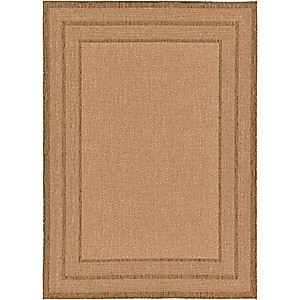 Unique Loom Outdoor Border Collection Area Rug - Multi Border (7' 1" x 10' Rectangle, Tan/ Light Brown)