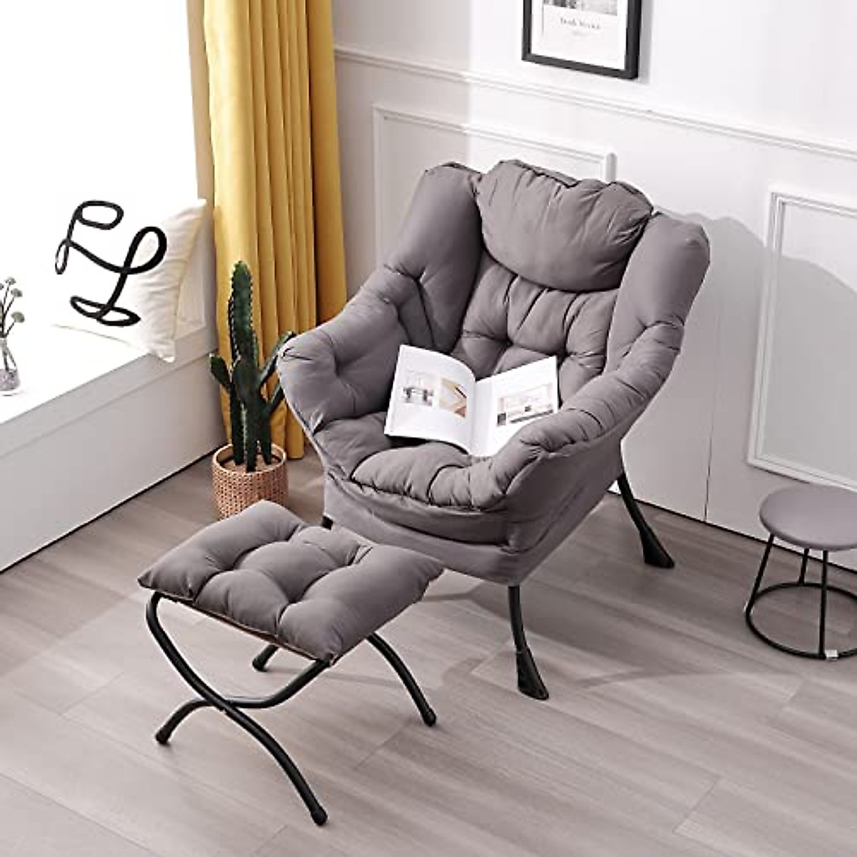 LITA Modern Lazy Chair with Ottoman, Accent Contemporary Lounge Chair Single Leisure Upholstered Sofa Chair Set with Armrests and a Side Pocket, Reading Chair for Living Room & Bedroom, Dark Grey