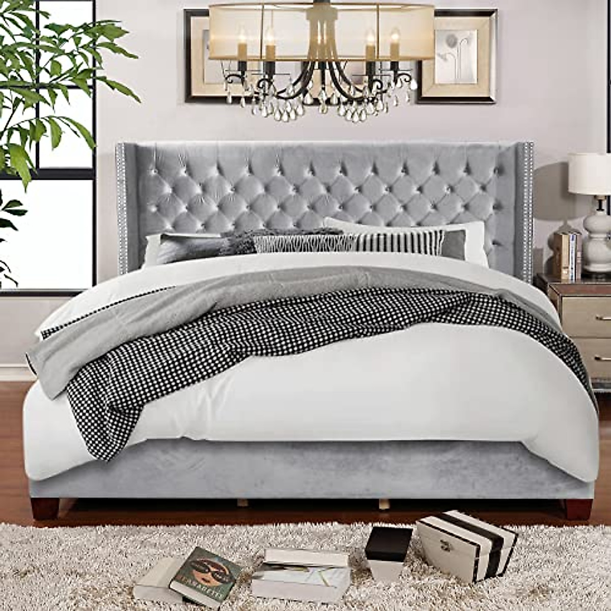 NHI Express Contemporary Velvet Upholstered Deep Button Tufting Solid Frame Platform Bed with Wood Slats King/Queen Size, Silver